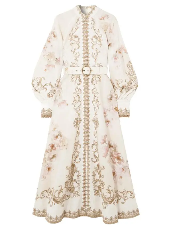 Zimmermann Belted Floral-print Linen Midi Dress - Cream