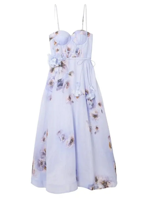 Zimmermann Hypnotic Picnic Belted Appliquéd Floral-print Linen And Silk-blend Midi Dress - Purple