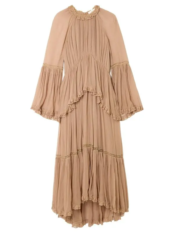 Zimmermann Hypnotic Lace-trimmed Tiered Crepe De Chine Midi Dress - Neutrals