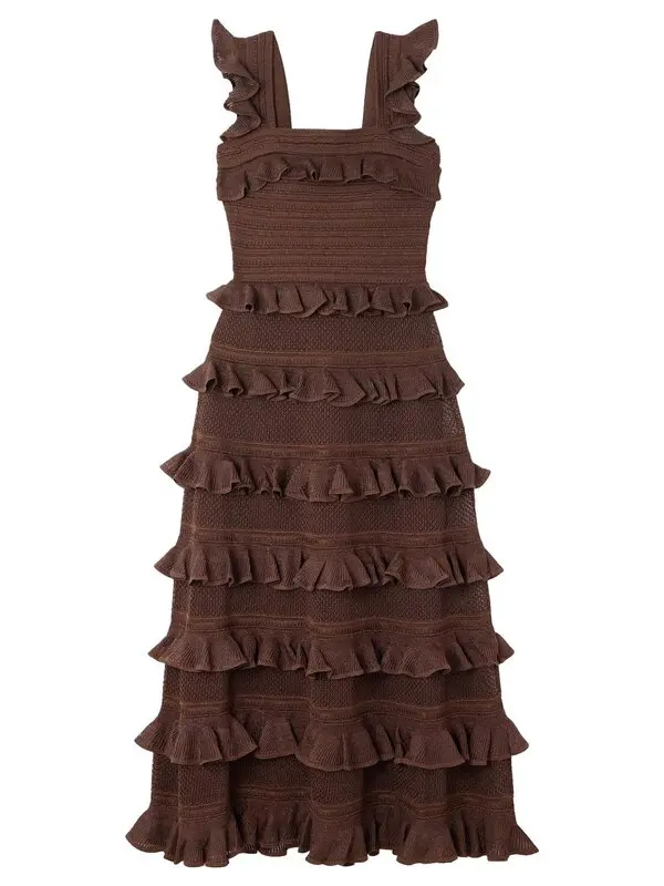 Zimmermann Ruffled Tiered Pointelle-knit Midi Dress - Brown