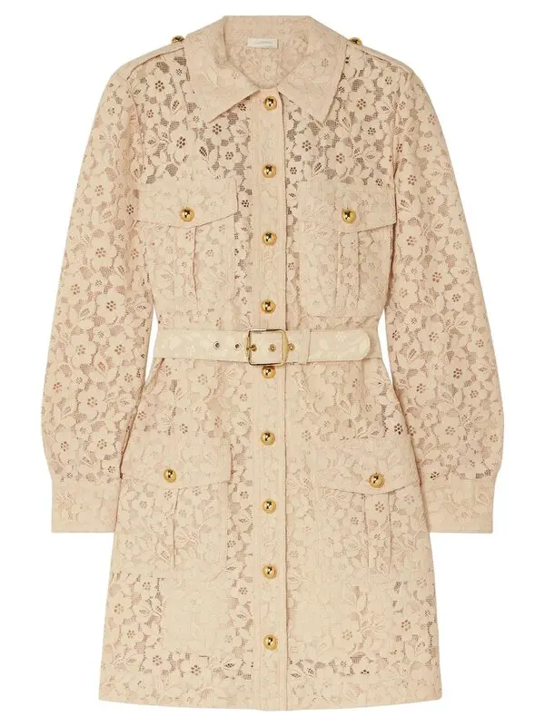 Zimmermann Belted Lace Mini Shirt Dress - Cream