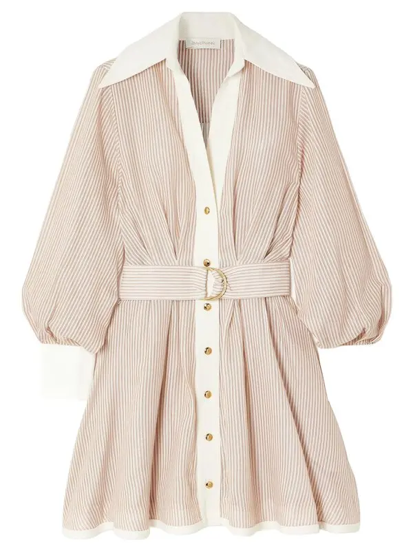 Zimmermann Belted Striped Cotton And Silk-blend Mini Dress - Ivory