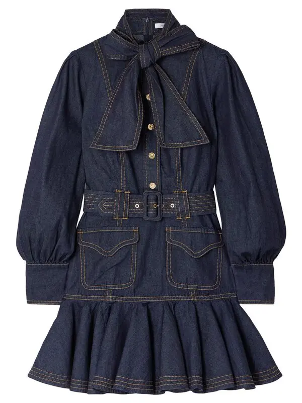 Zimmermann - Tie-Detailed Belted Ruffled Denim Mini Dress