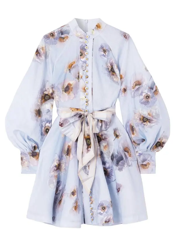 Zimmermann Belted Floral-print Linen Mini Dress - Purple