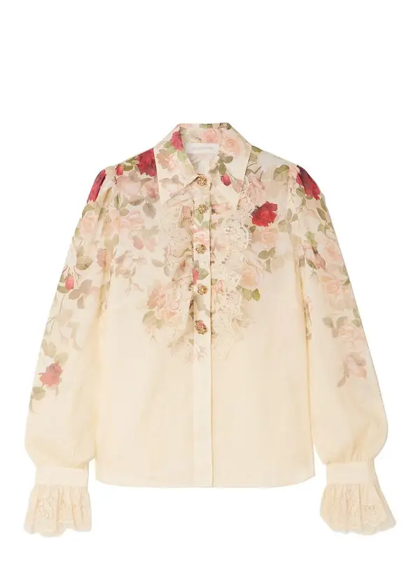 Zimmermann Lace-trimmed Floral-print Ramie Shirt - Cream