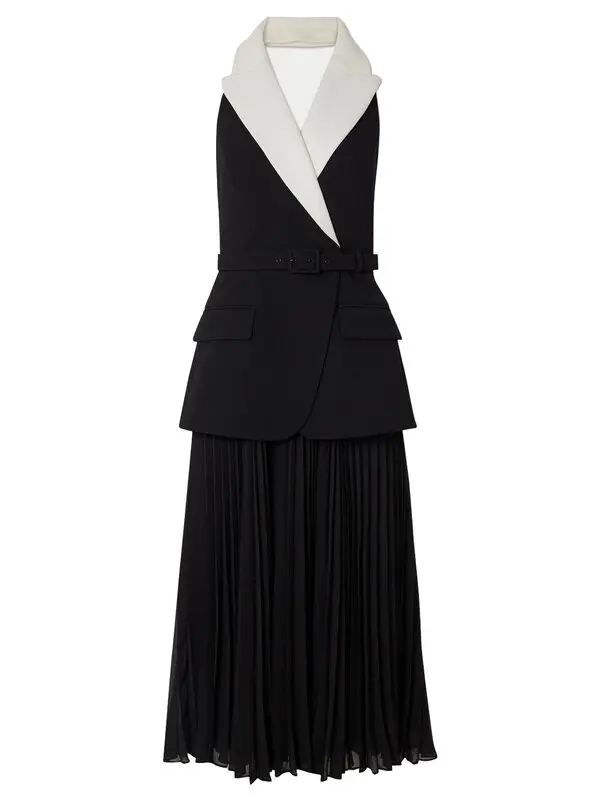 Rebecca Vallance Belted Layered Pleated Crepe Midi Dress - Black