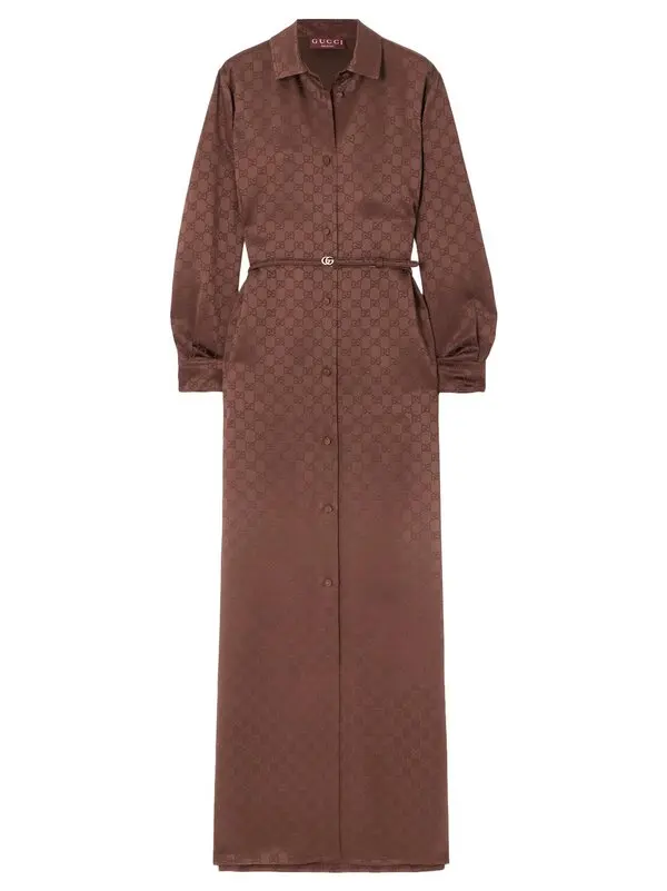 Gucci Belted Satin-jacquard Maxi Shirt Dress - Brown