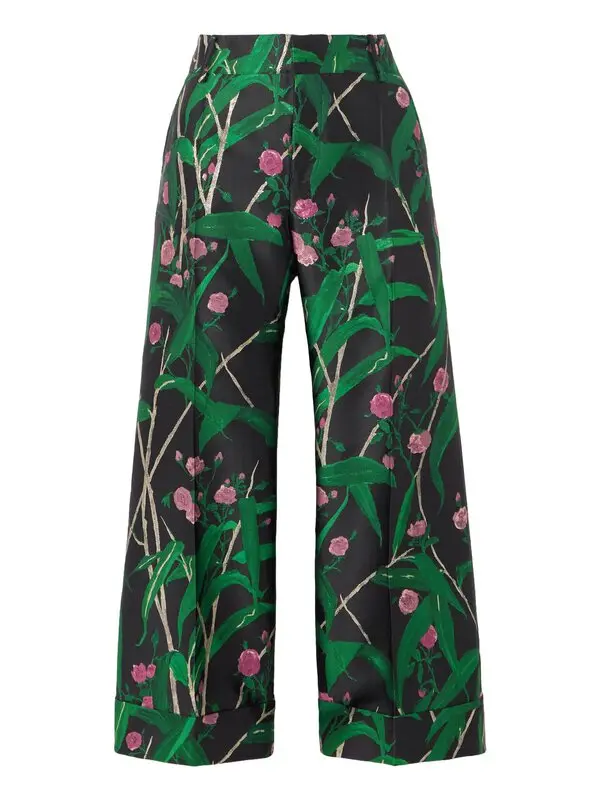 La DoubleJ Hendrix Cropped Floral-jacquard Crepe Wide-leg Pants - Green