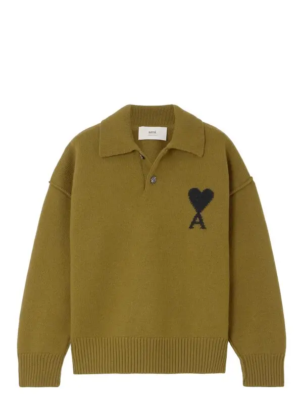 Ami Intarsia Wool Polo Sweater - Green