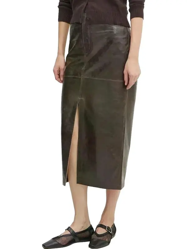 Day Birger Et Mikkelsen Leather Midi Skirt With Front Slit - Brown