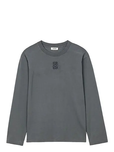 Sandro Brand-embroidered Long-sleeved Cotton-jersey T-shirt - Grey