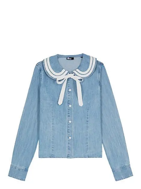 The Kooples Long-sleeved Tie-embellished Denim Shirt - Baby Blue