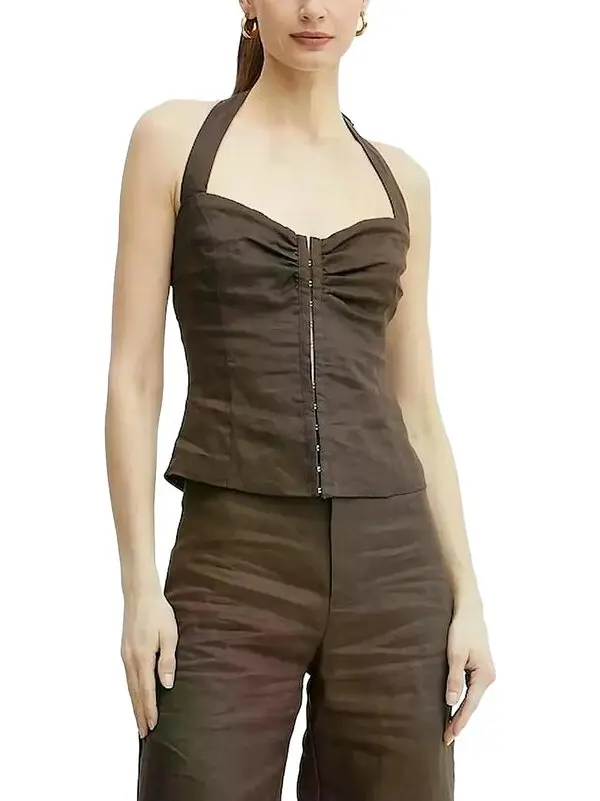 Bardot Halter Neck Smocked Top - Brown