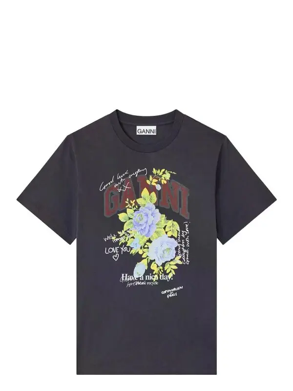 GANNI Floral-print Graphic T-shirt - Grey