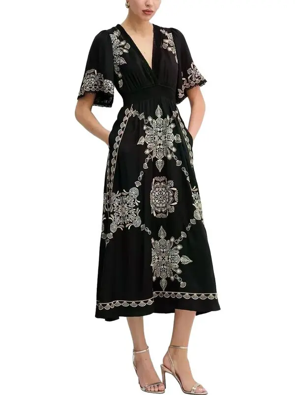 Hale Bob Embroidered Short-sleeves Midi Day Dress - Black