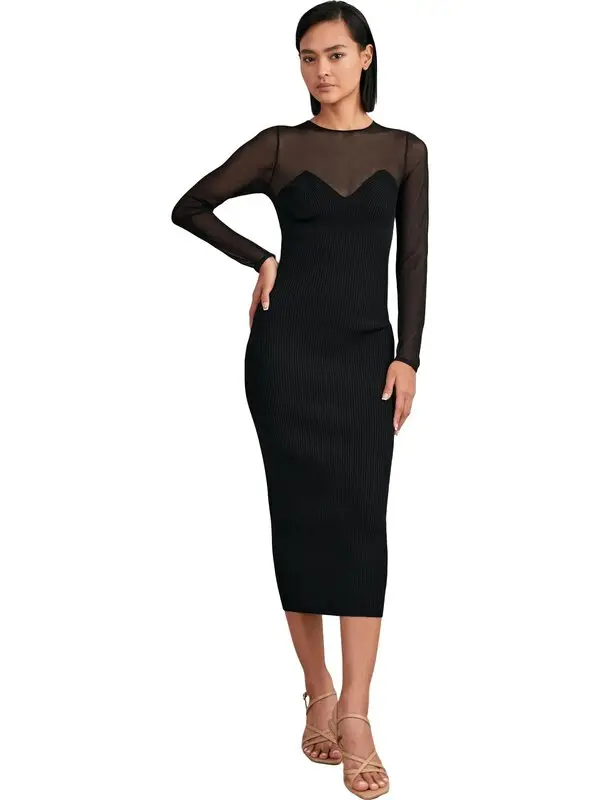 REISS Mesh Rib-knit Sweetheart Midi Dress - Black