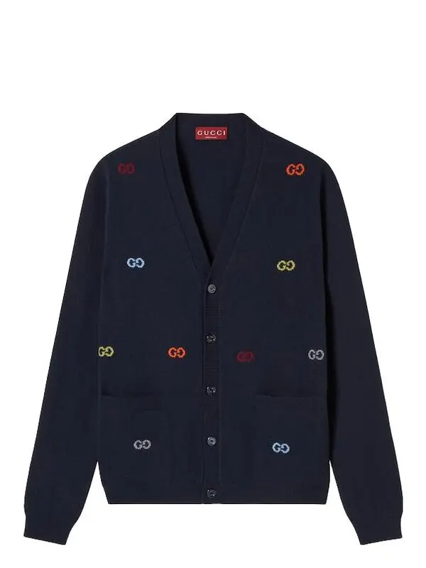 Gucci Fine Cashmere Cardigan With Gg Intarsia - Blue