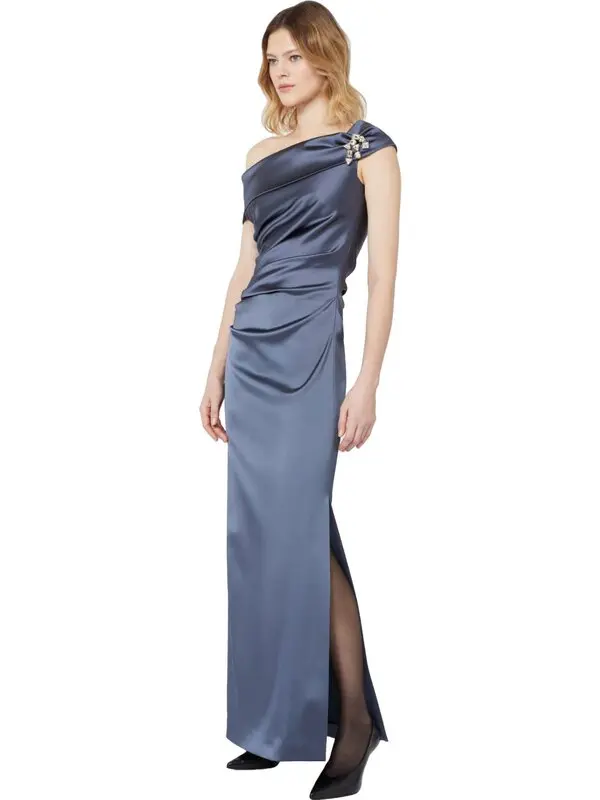 Max Mara Long Stretch Satin Draped Dress - Dark Grey