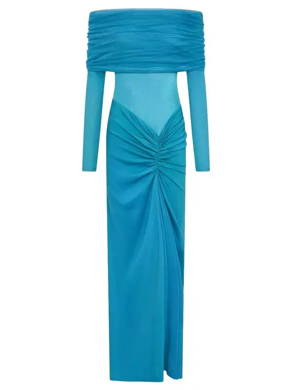 Christopher Esber Sonora Veiled Off-shoulder Ruched Long Dress - Blue