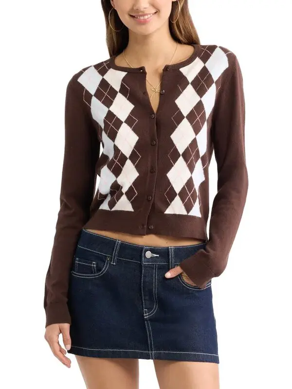 Bp. Crewneck Cotton Blend Cardigan - Brown Argyle
