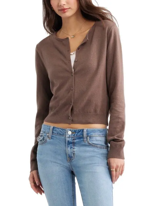 Bp. Crewneck Cotton Blend Cardigan - Brown Quartz