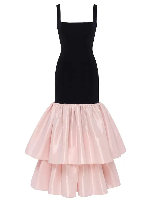 MILLA Fitted Maxi Dress With Tiered Skirt - Black&pink