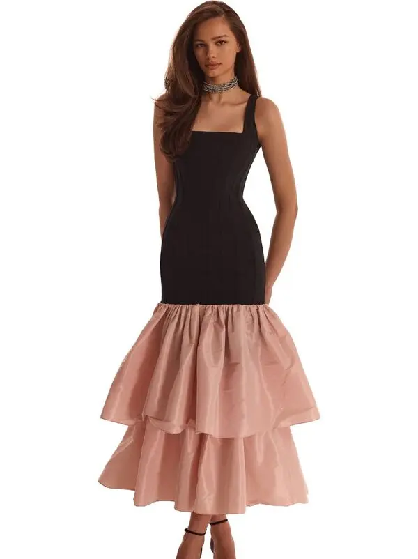 MILLA Fitted Maxi Dress With Tiered Puffy Skirt - Black&pink