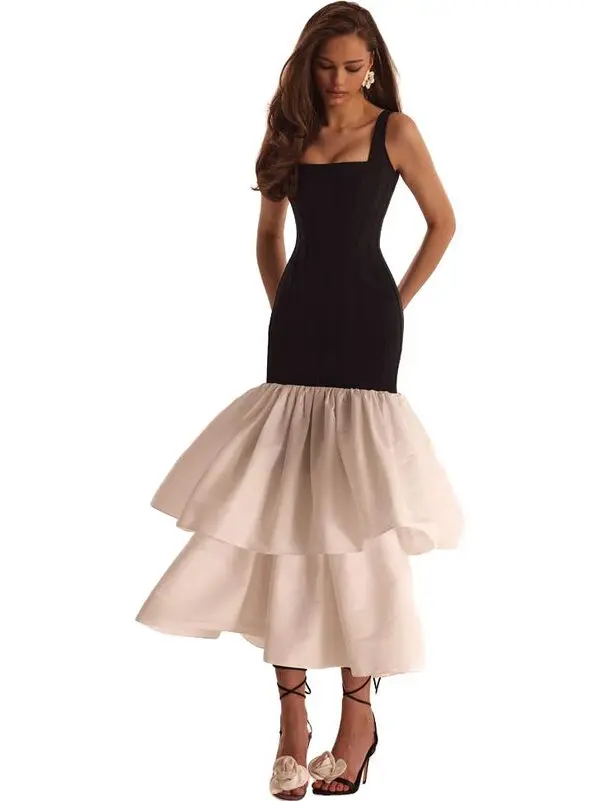 MILLA Fitted Maxi Dress With Tiered Puffy Skirt - Black&white