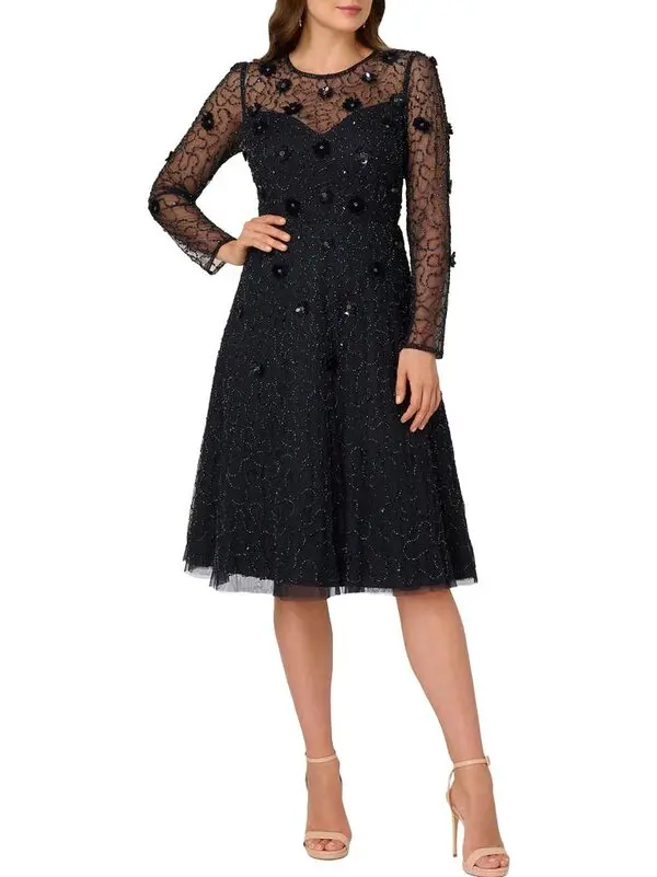 Adrianna Papell Floral Beaded Long Sleeve Cocktail Dress - Midnight