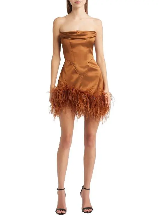 DELFI COLLECTIVE Adrienne Strapless Feather-trim Mini Dress - Bronze