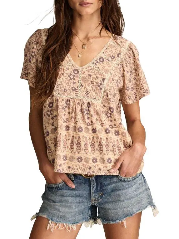 Lucky Brand Lace Trim Top - Taupe Floral