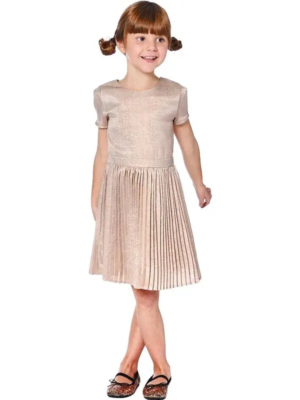 DEUX PAR DEUX Short Sleeve Pleated Skirt Dress - Golden Beige