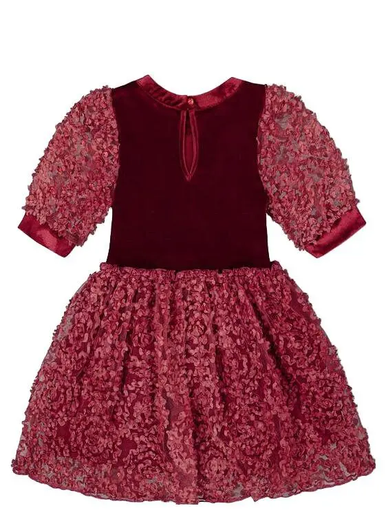 DEUX PAR DEUX Puff Sleeve Bi-material Velour And Lace Dress - Red