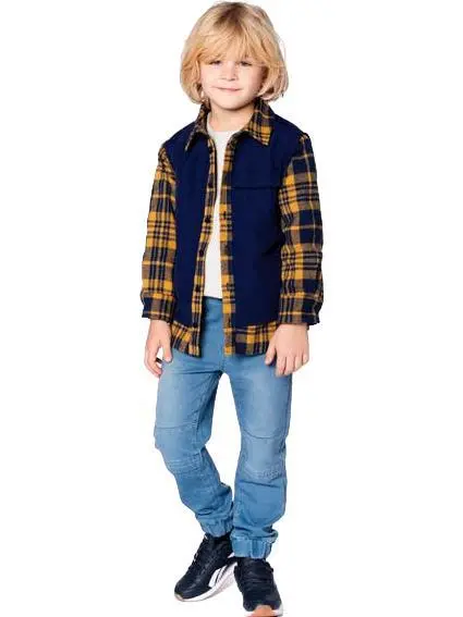 DEUX PAR DEUX Plaid Flannel Shirt With Faux Vest - Blue And Ochre
