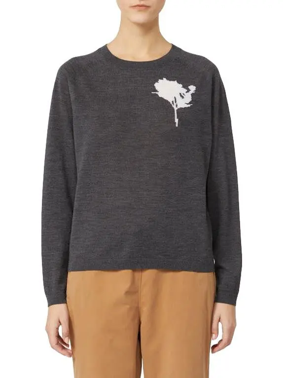 MM BY MAX MARA Paco Intarsia Flower Virgin Wool Crewneck Sweater - Dark Grey