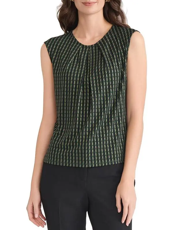 KASPER Pleated Sleeveless Top - Evergreen Multi