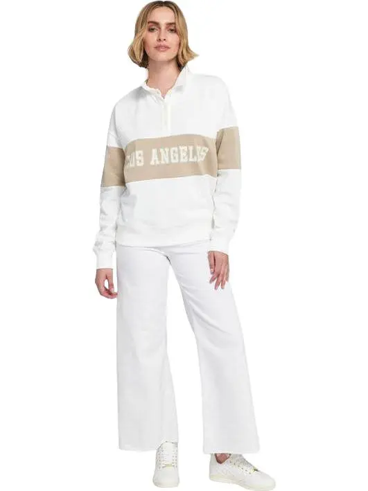 ELLE COLLECTION Graphic Fleece Rugby Pullover - Latte