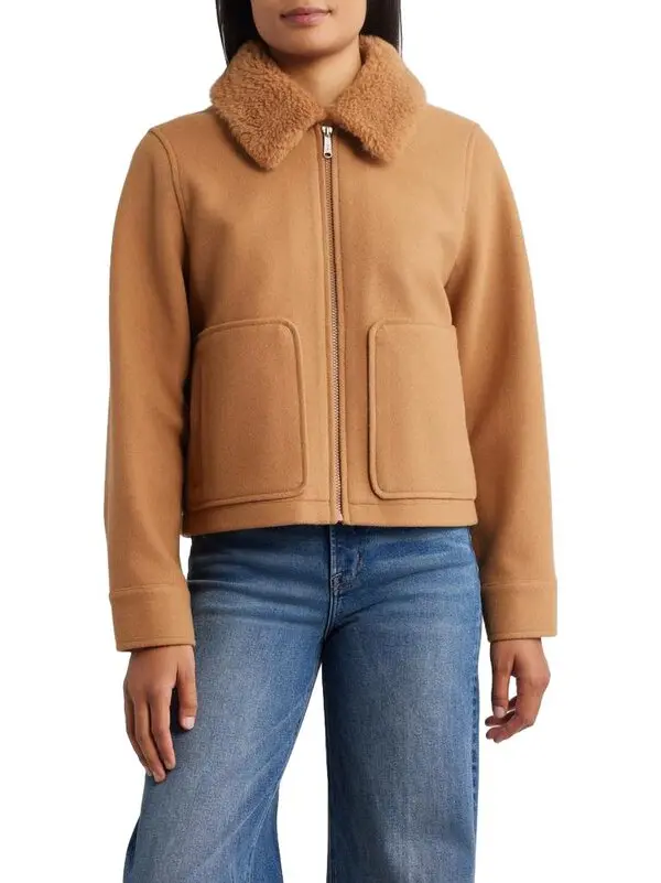 Sam Edelman Faux Fur Collar Zip-up Jacket - Camel