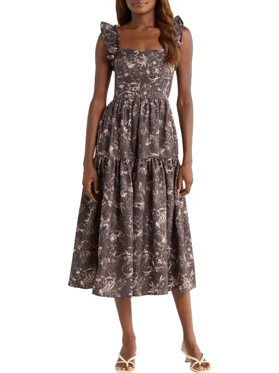 Moon River Print Flutter Strap Midi Dress - Brown
