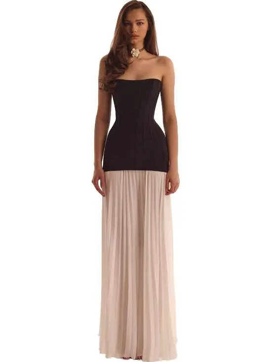 MILLA Strapless Maxi Dress With Pleated Skirt - Black&white
