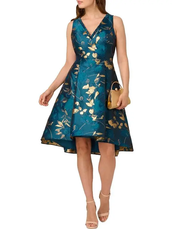 Adrianna Papell Metallic Jacquard Fit & Flare Cocktail Dress - Teal Sapphire/gold