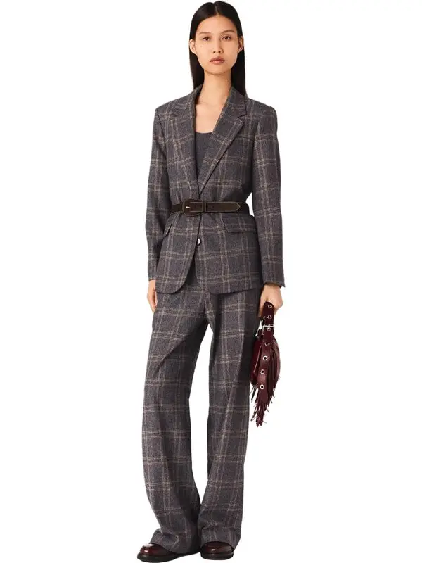 Maje Belted Checkered Suit Jacket - Grey