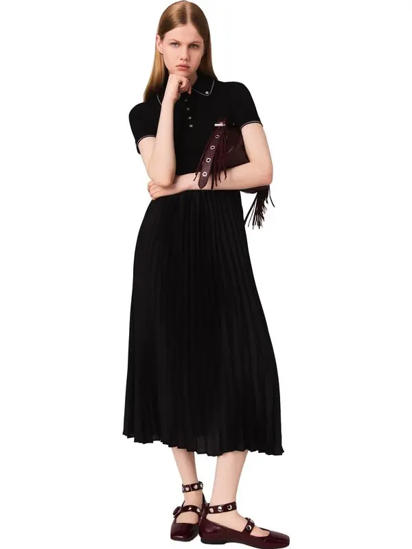 Maje Viscose Pleated Maxi Dress With Polo Collar - Black