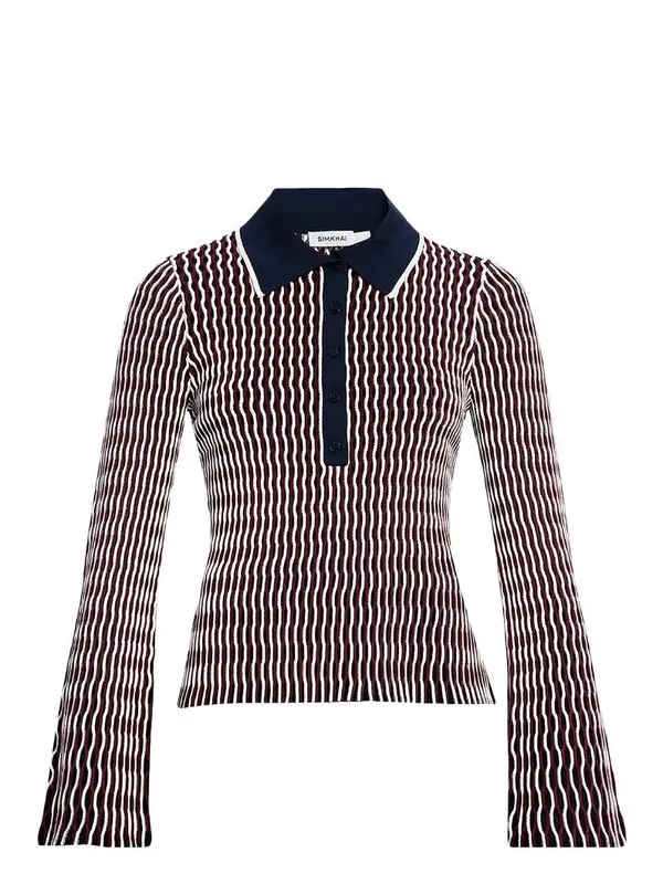 Simkhai Colleen Wavy Striped Polo Shirt - Cranberry Multi