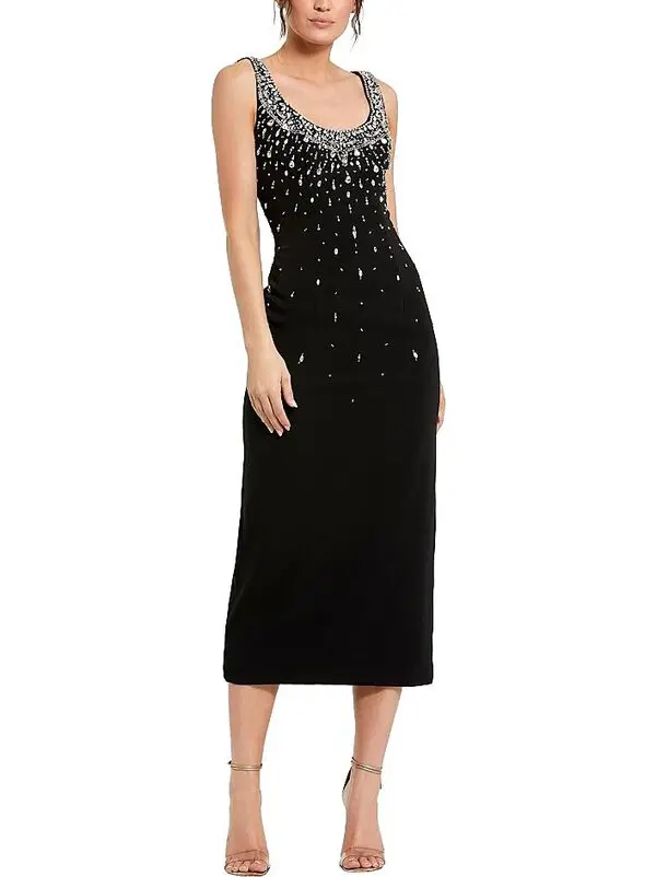 Mac Duggal Beaded Crepe Scoop Neck Midi Dress - Black