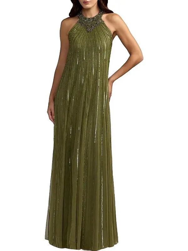 Mac Duggal Sleeveless Embellished Halter Neck Gown - Olive