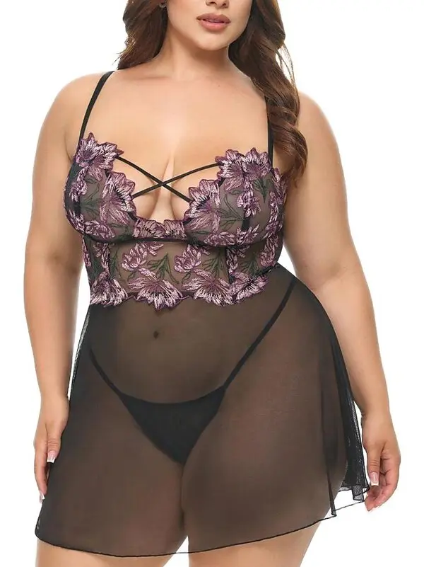 OH LA LA CHERI Floral Sheer Babydoll With G-string - Floral Cheri/ Black