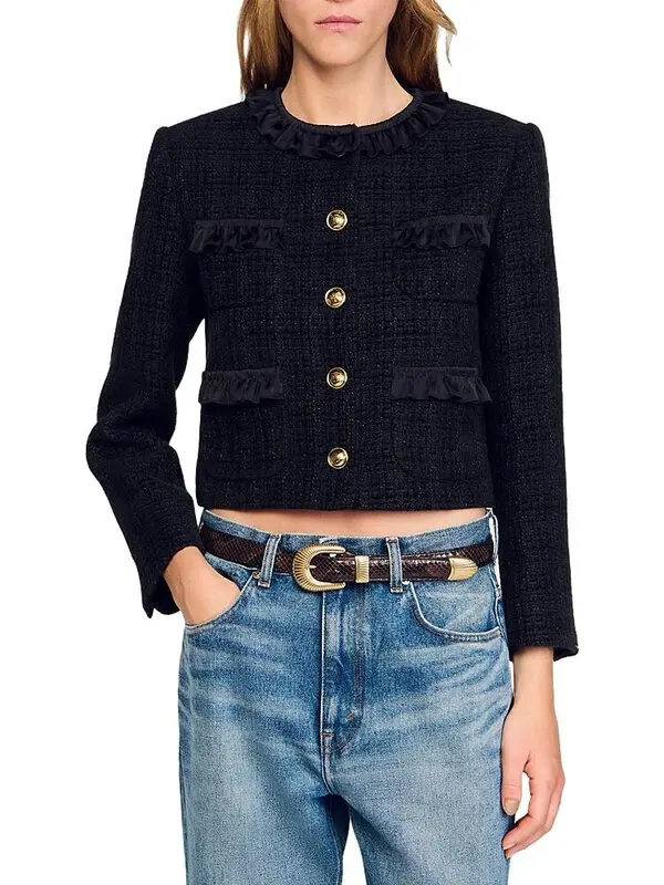 Sandro Ruffled Tweed Jacket - Black