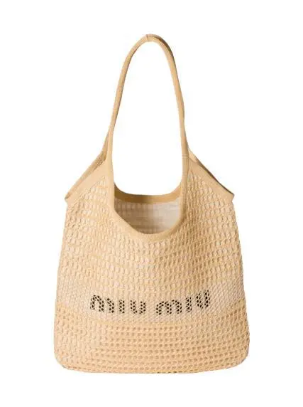 Miu Miu Raffia Effect And Linen Bag - Natural