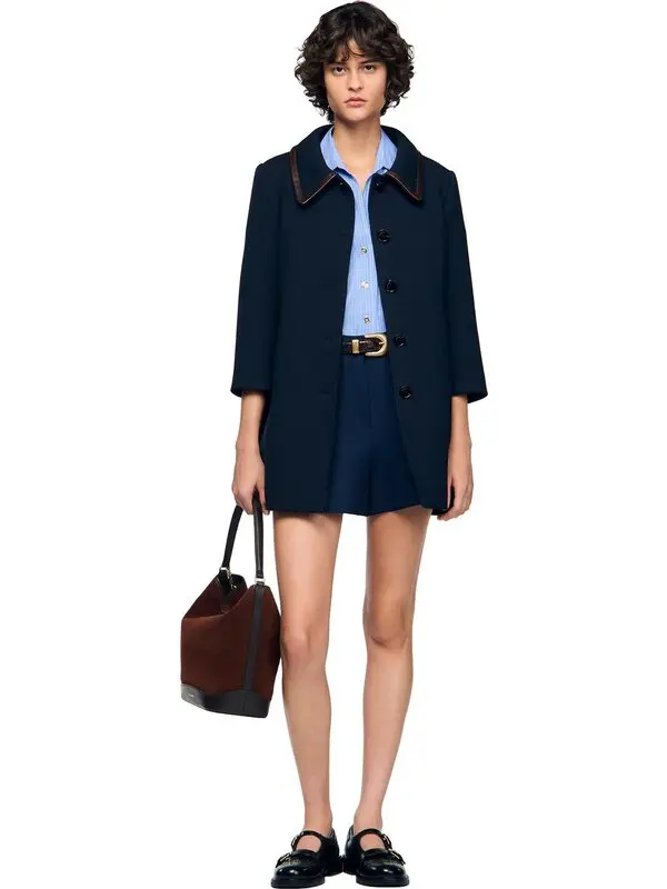 Sandro Leather Trim Coat - Navy Blue